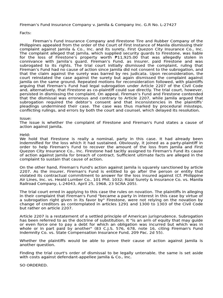 Fireman's Fund Insurance Company v. Jamila & Company Inc. G.R No. L ...