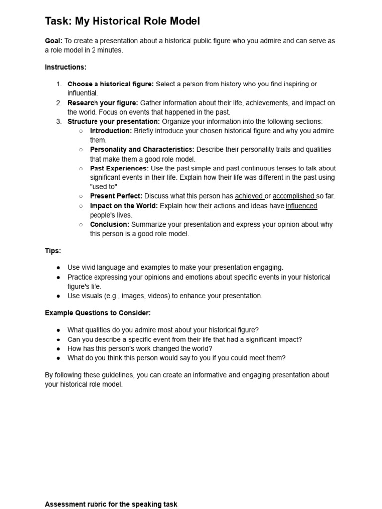 A2, Speaking Task - My Historical Role Model | PDF | Vocabulary | Grammatical Tense