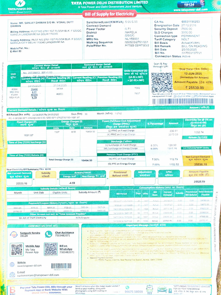Tata Power DDL Electricity Bill Summary | PDF | Power (Physics) | Money