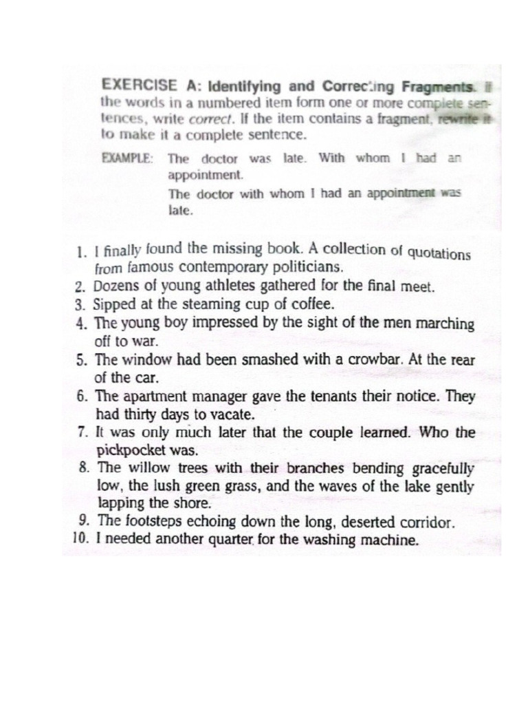 Exercise A - Sentence Fragments | PDF