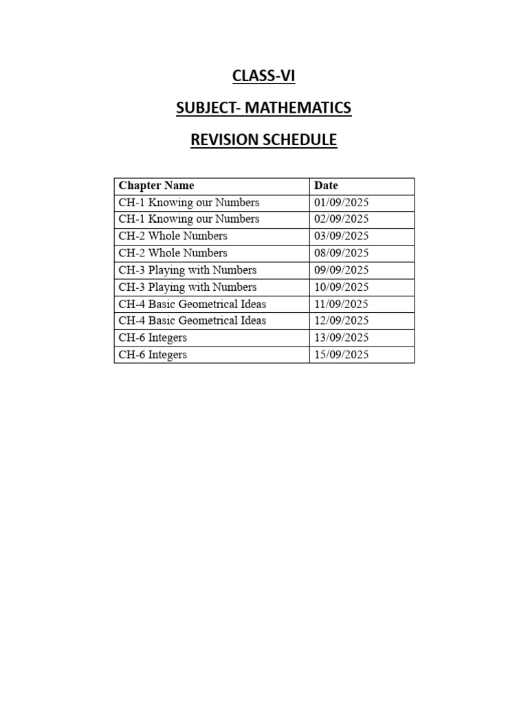Revision Schedule Class - Vi | PDF
