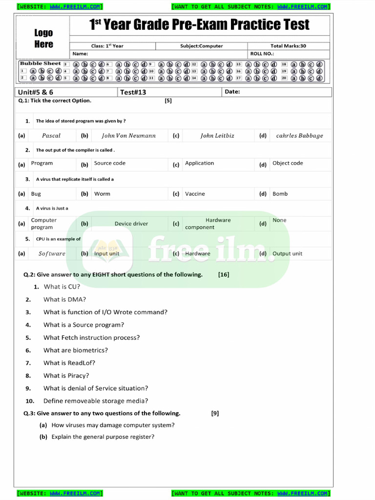 11th Computer Test Paper 13 | PDF