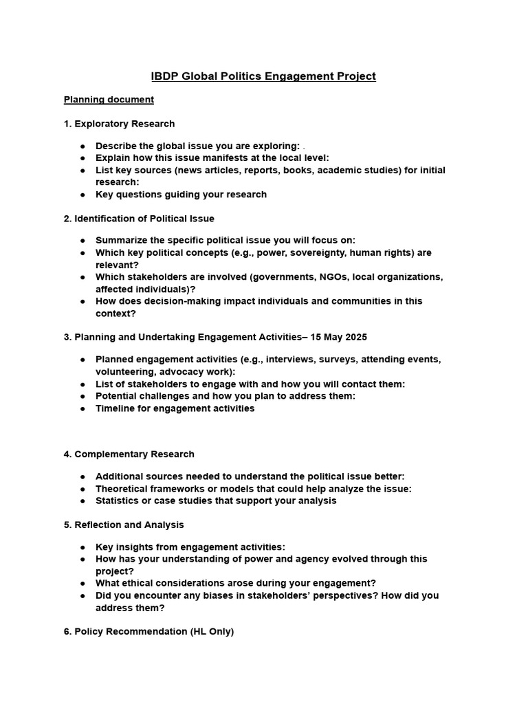 Global Politics Engagement Project Guide | PDF | Evaluation | Policy