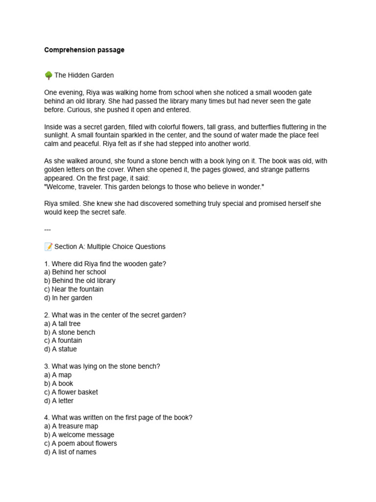 Hidden Garden Comprehension Answers | PDF
