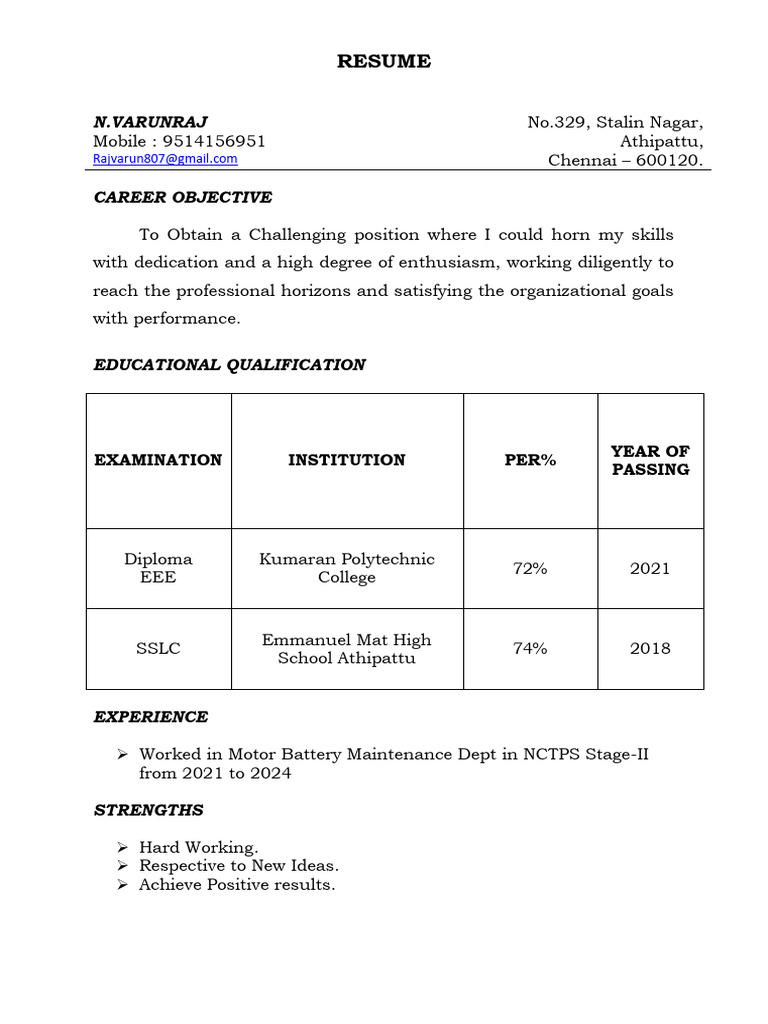 N. Varunraj Resume - EEE Graduate | PDF
