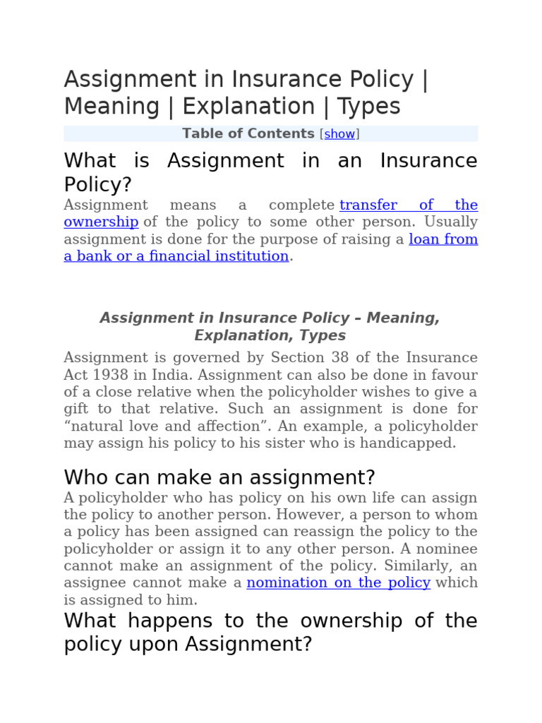Understanding Insurance Policy Assignment | PDF | Assignment (Law ...