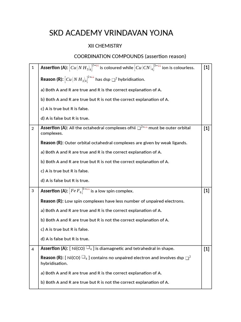 Coordination Assertion Reason | PDF | Coordination Complex | Sets Of Chemical Elements