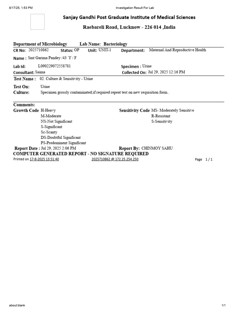 Urine Culture & Sensitivity Report | PDF