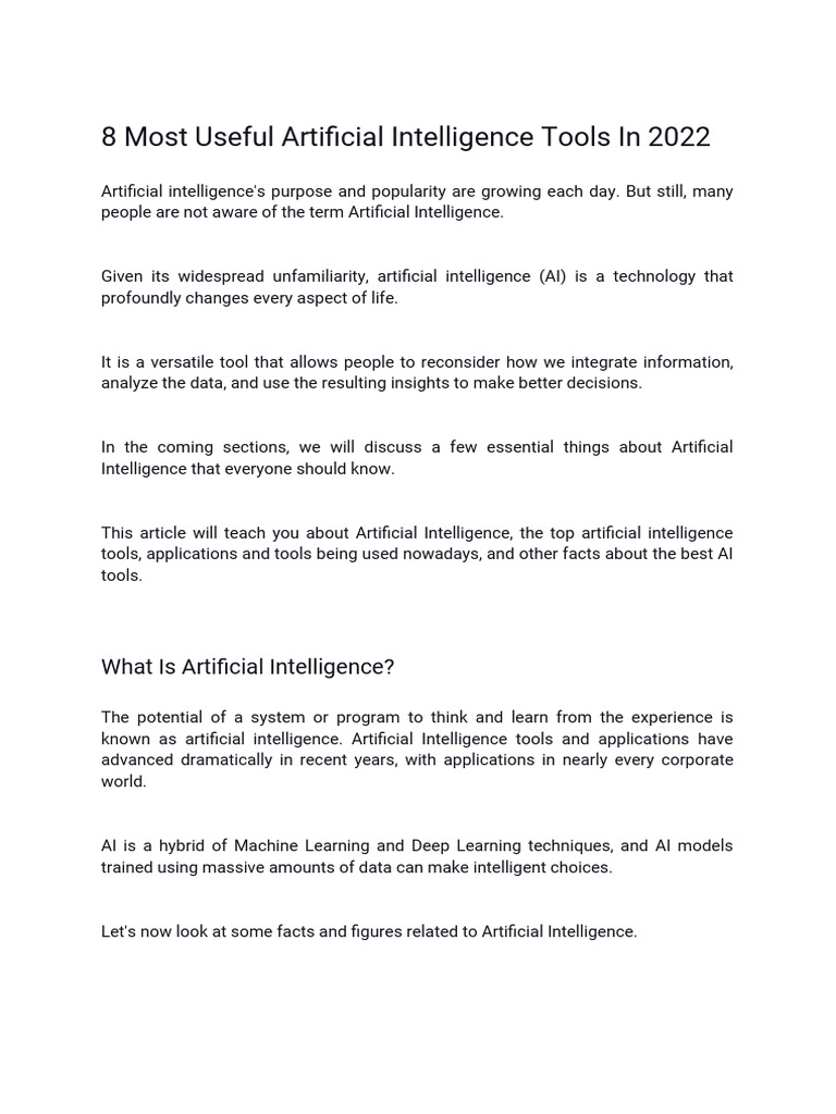 8 Most Useful Artificial Intelligence Tools in 2022 WB-81 | PDF ...