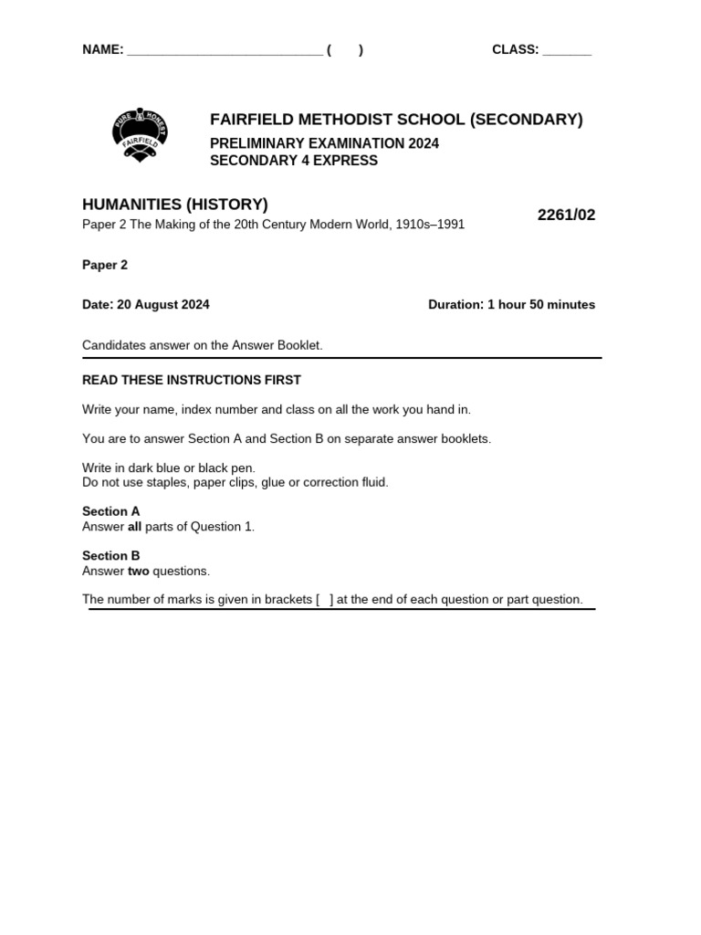 FMS 2024 Sec 4exp History Prelim | PDF | Vietnam War | Cold War