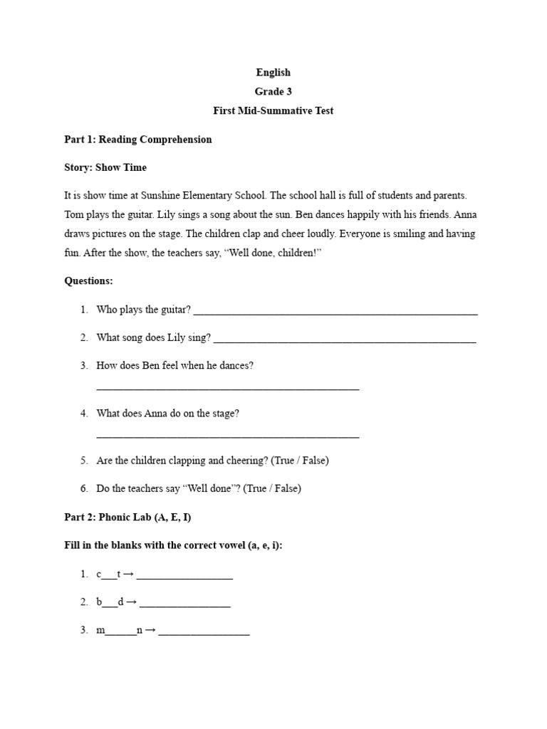 Grade 3 Reading & Phonics Test | PDF