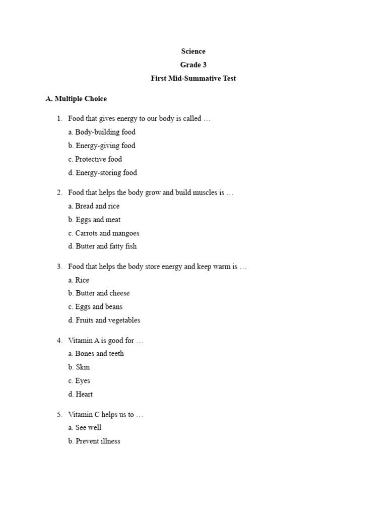 Grade 3 Science Mid-Summative Test | PDF | Foods