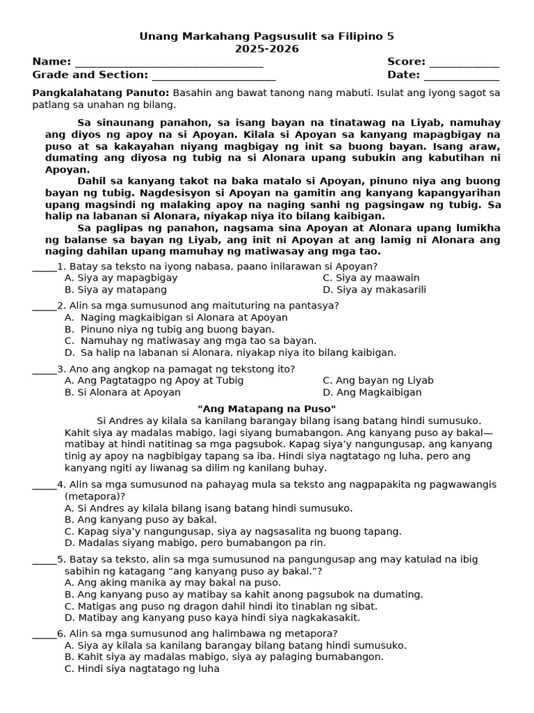 Unang Markahang Pagsusulit Sa Filipino 5 000 | PDF