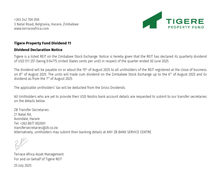 Tigere REIT Quarterly Dividend Notice | PDF