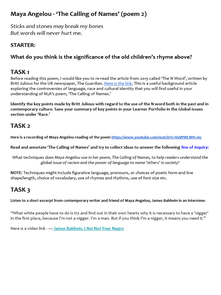 Maya Angelou - Worksheet On The Calling of Names (Poem 2) | PDF