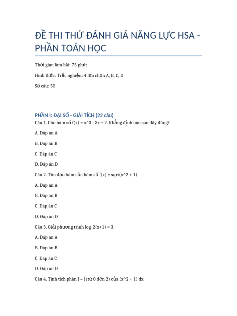 De Thi Thu HSA Toan Full | PDF