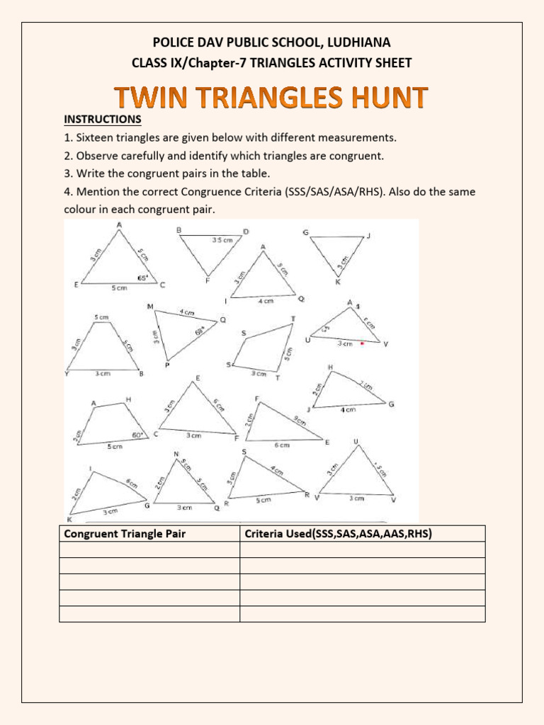 Class IX Congruent Triangles Activity | PDF