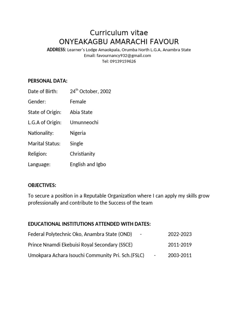 CV of Onyeakagbu Amarachi Favour | PDF