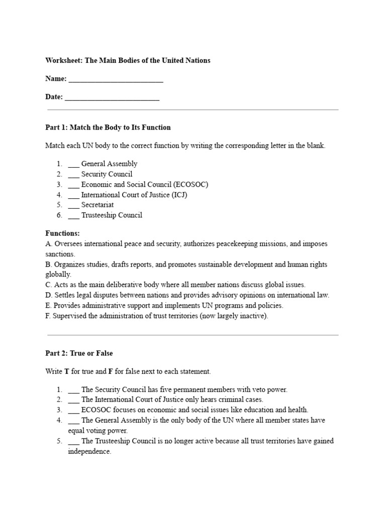 Main Bodies of the United Nations Worksheet | PDF