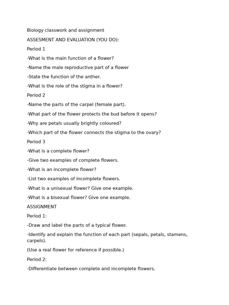 Biology Classwork and Assignment | PDF