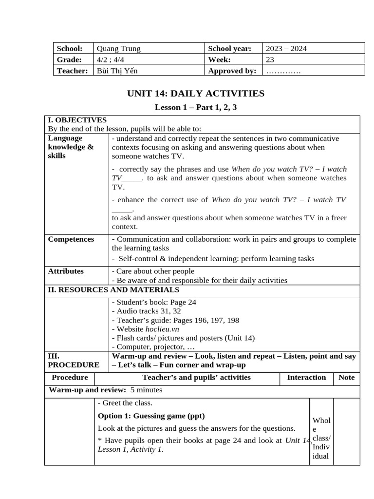 Unit 14: Daily Activities - Grade 4 Lesson | PDF | Question | Learning