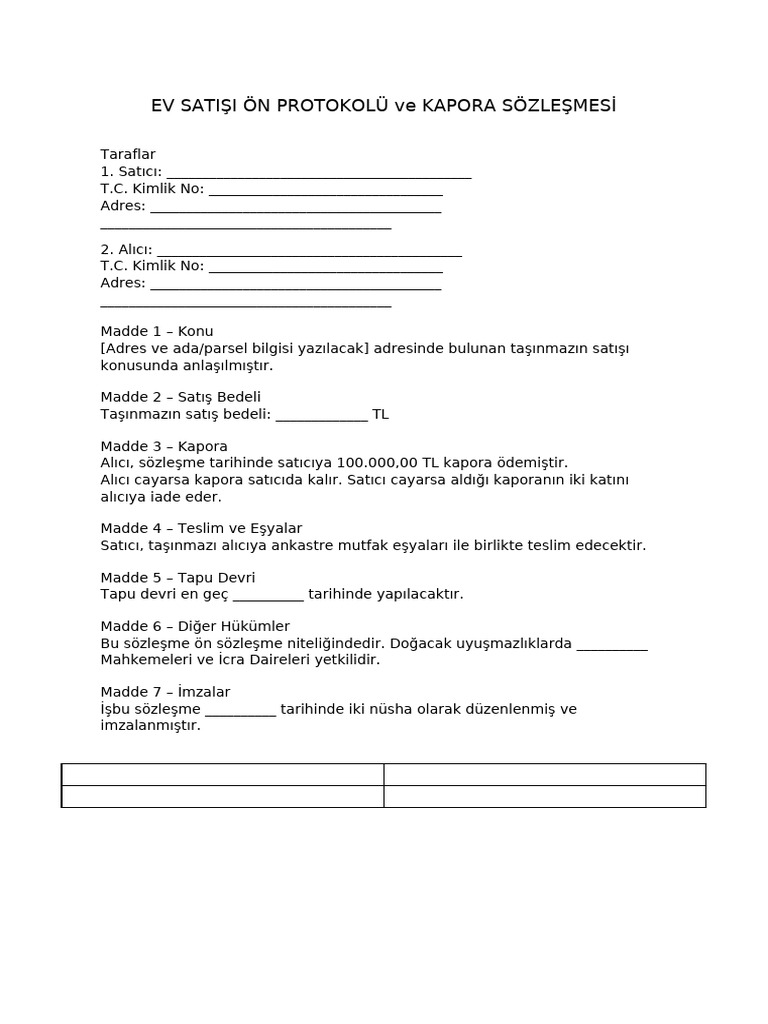 Ev Satisi Kapora Sozlesmesi Turkce | PDF