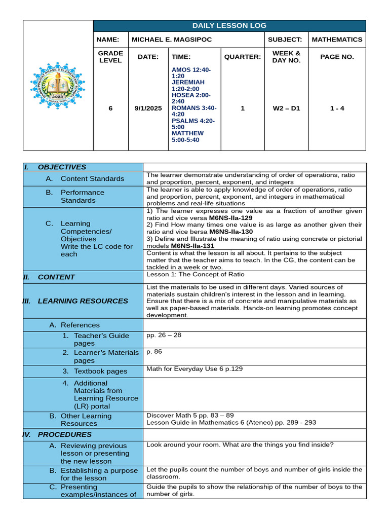 Daily Mathematics Lesson Plan: Ratios | PDF | Learning | Teachers