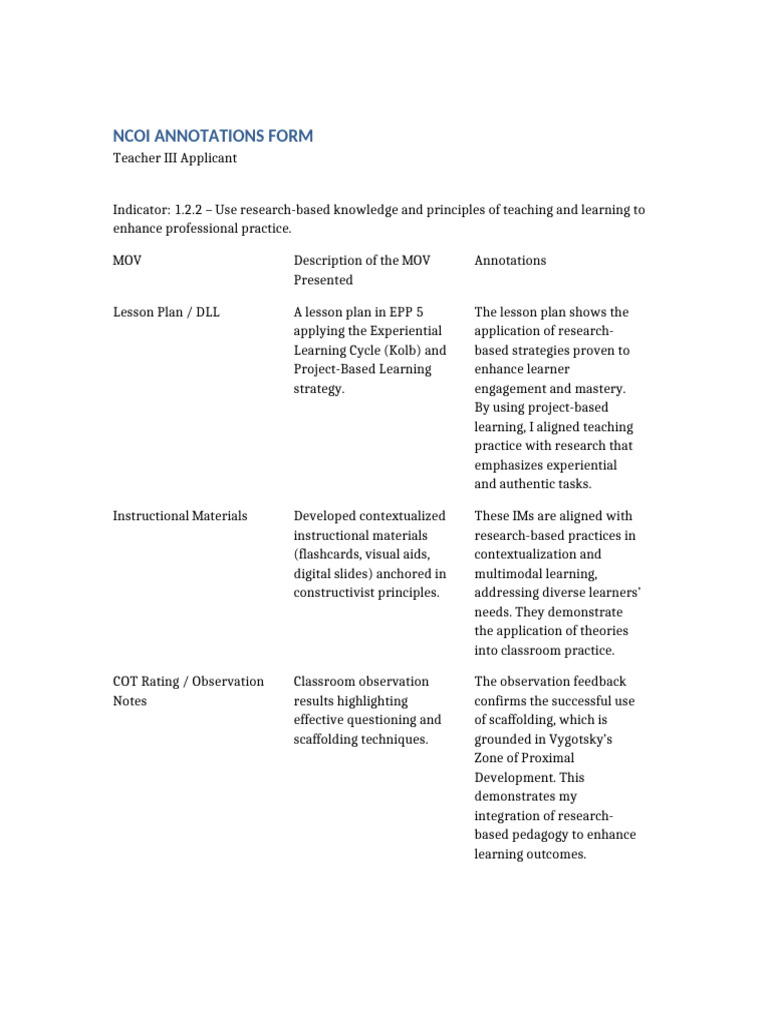 NCOI Annotations Form TeacherIII | PDF | Educational Assessment | Learning