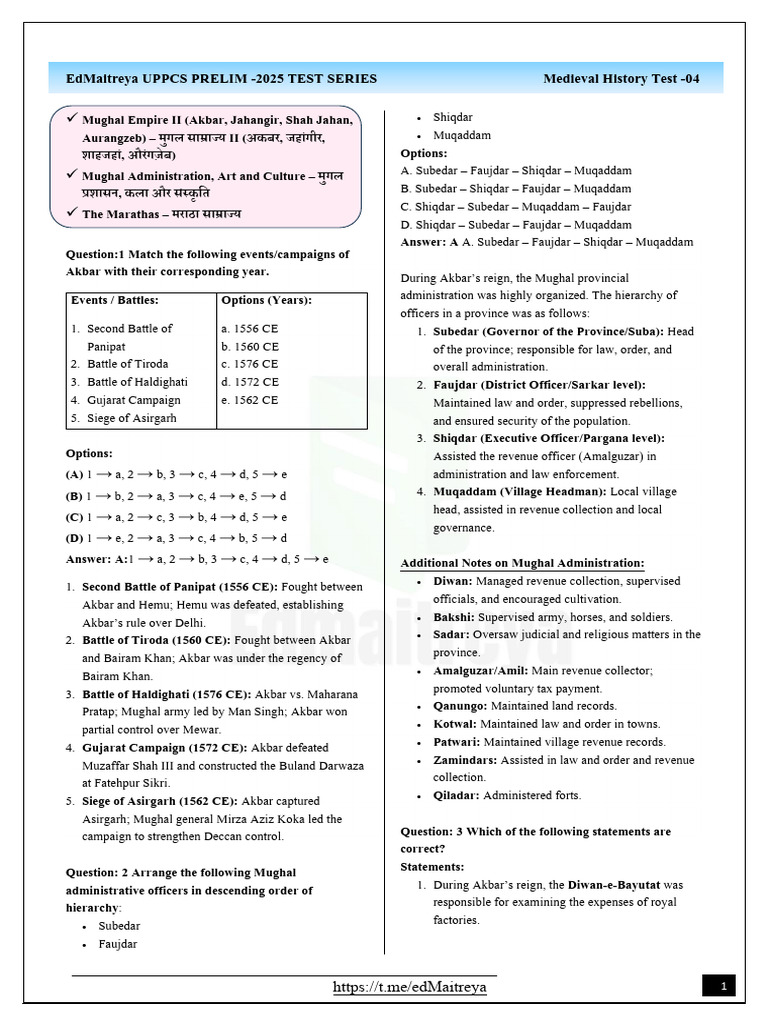 Medieval History Test - 04 English Solution | PDF | Mughal Empire