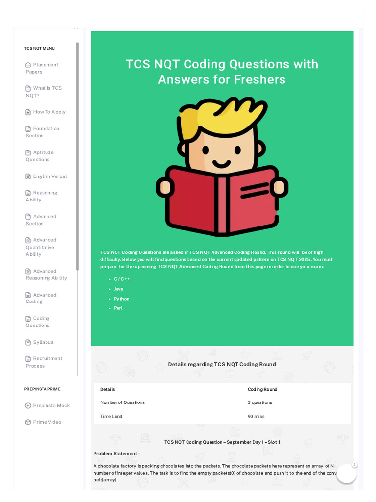 TCS NQT Coding Questions and Answers 2025 - PrepInsta | PDF | Integer ...