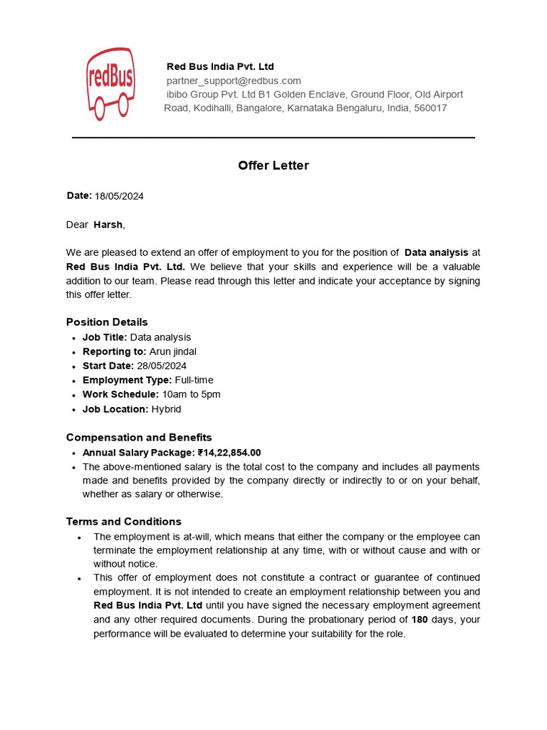 Offer Letter RED BUS | PDF | Employment | Salary