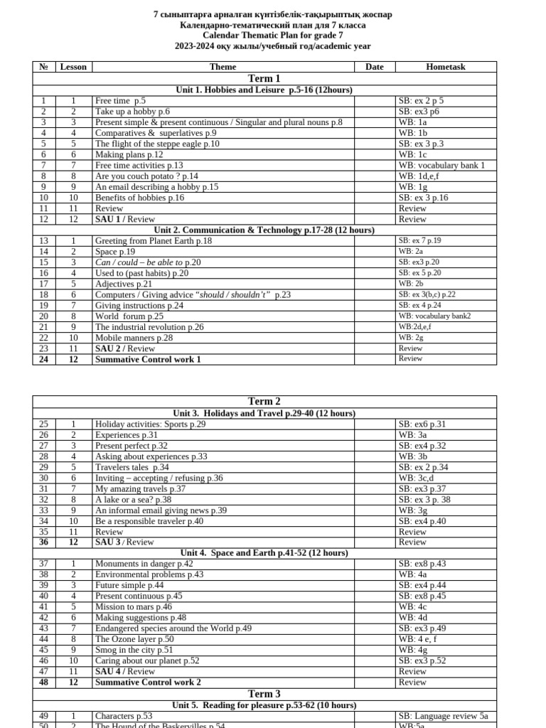 7th Grade Calendar Thematic Plan 2023-2024 | PDF | Linguistic Typology ...