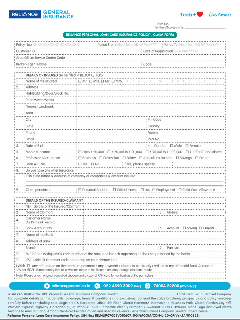 Reliance Personal Loan Care Insurance Policy Claim Form | PDF