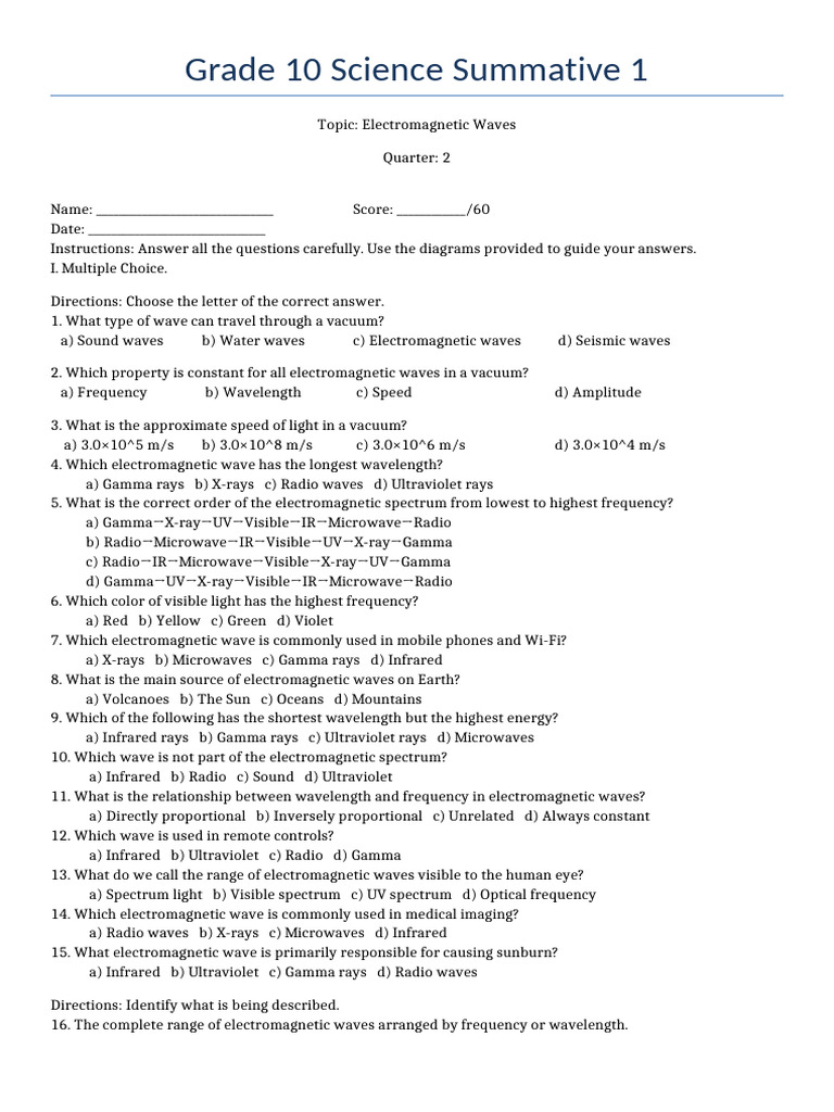 Grade 10 Electromagnetic Waves Quiz | PDF | Electromagnetic Radiation ...