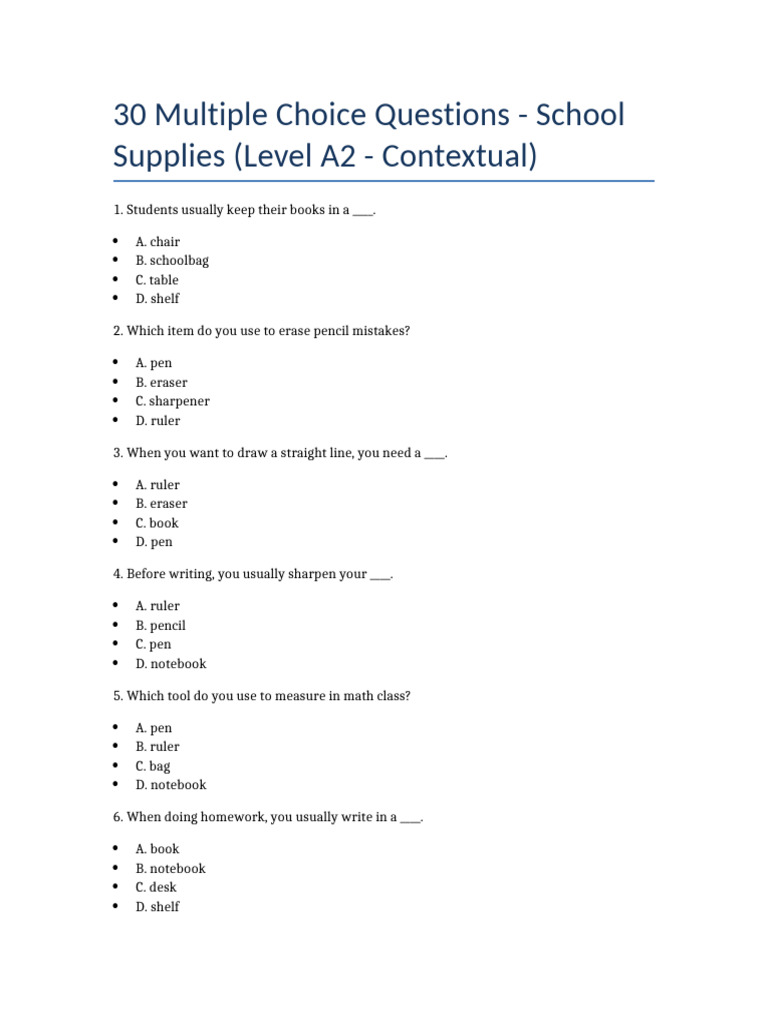 School Supplies Quiz for Students | PDF | Pencil