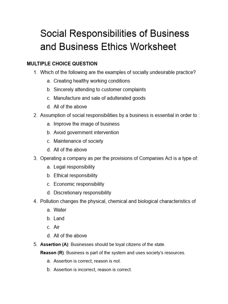 Social Responsibilities of Business and Business Ethics Worksheet | PDF ...