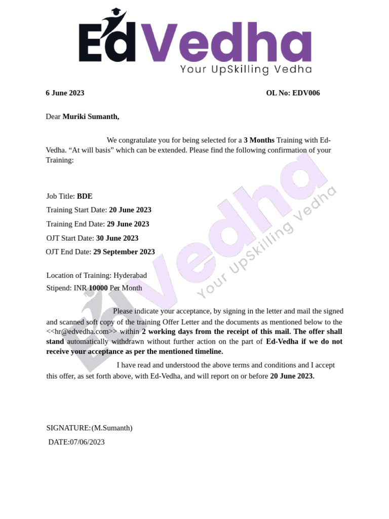 Training Offer Confirmation for BDE Role | PDF