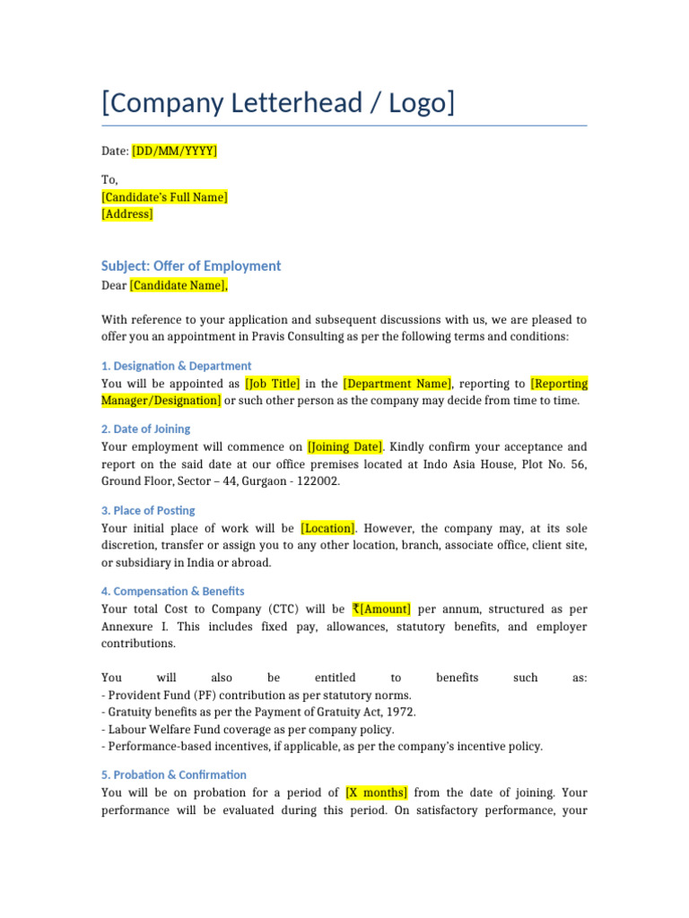 Detailed Offer Letter Format | PDF | Employment | Trade Secret