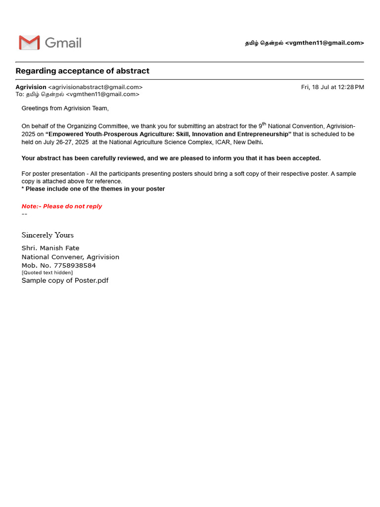 Agrivision 2025 Abstract Acceptance Notice | PDF