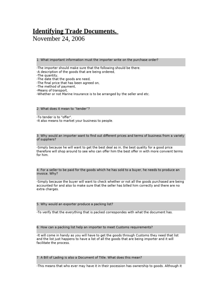 Identifying Trade Documents. | PDF | Cargo | Bill Of Lading