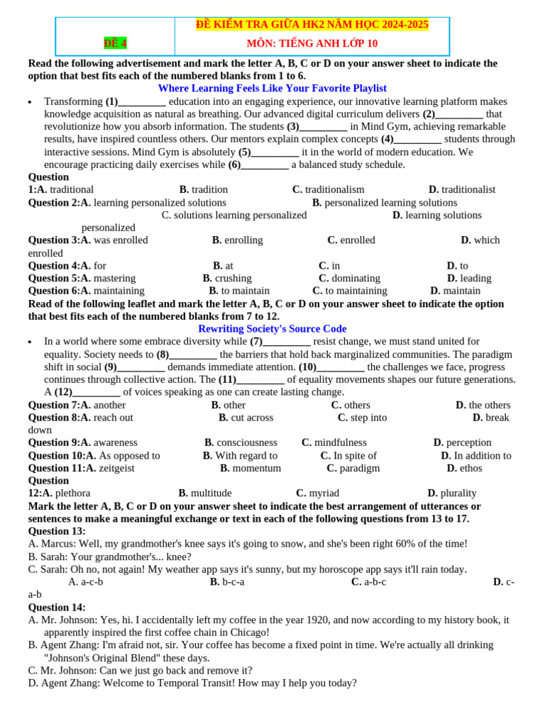 ĐỀ GK2 E10 FORM MỚI | PDF | Knowledge | Neuroplasticity