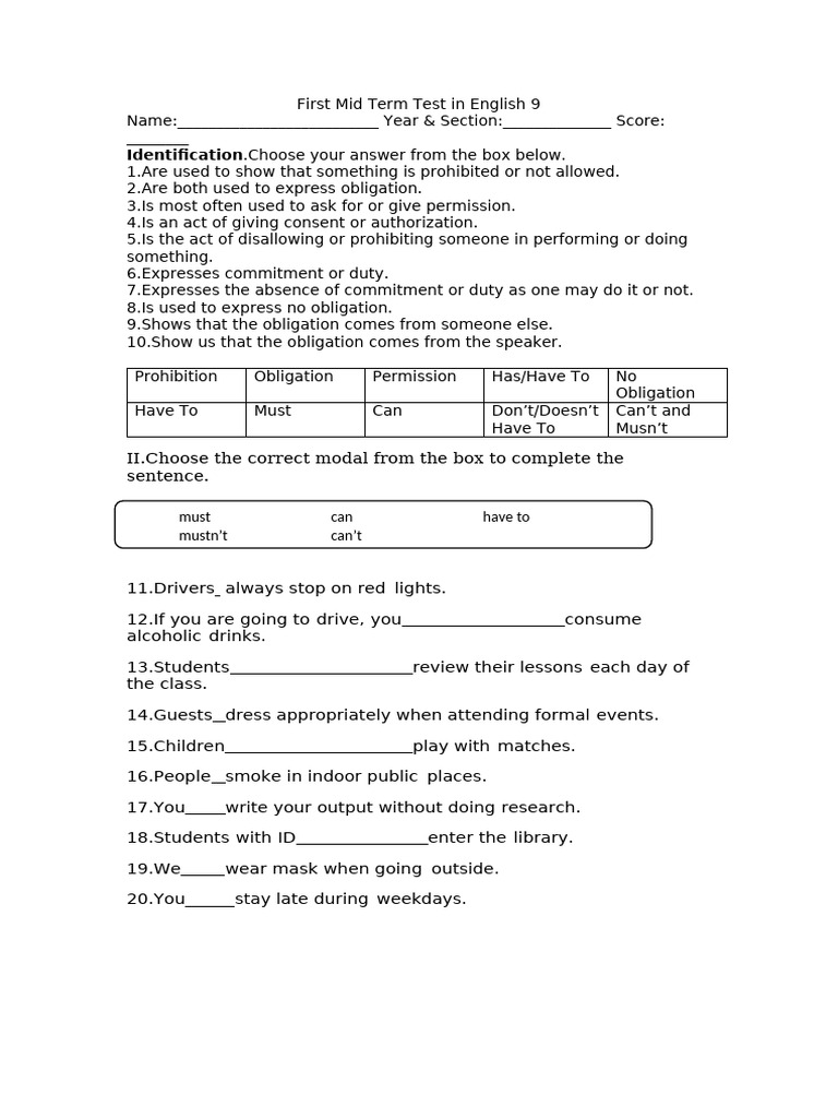 English 9 Modal Verbs Test Guide | PDF
