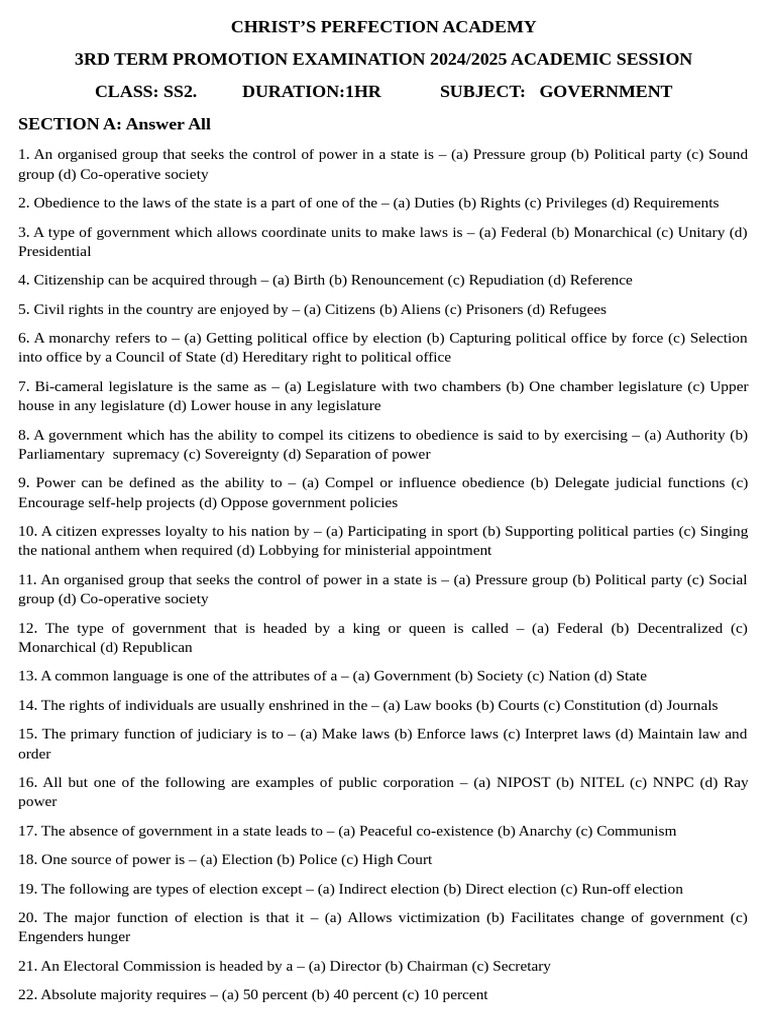 SS2 Government Exam Questions 2024/2025 | PDF | Legislature | Citizenship