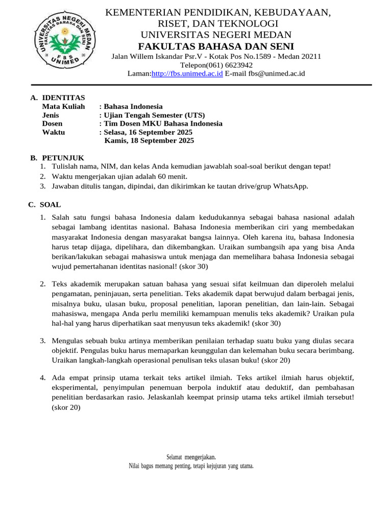 Soal UTS MKU Bahasa Indonesia Semester 2025 | PDF