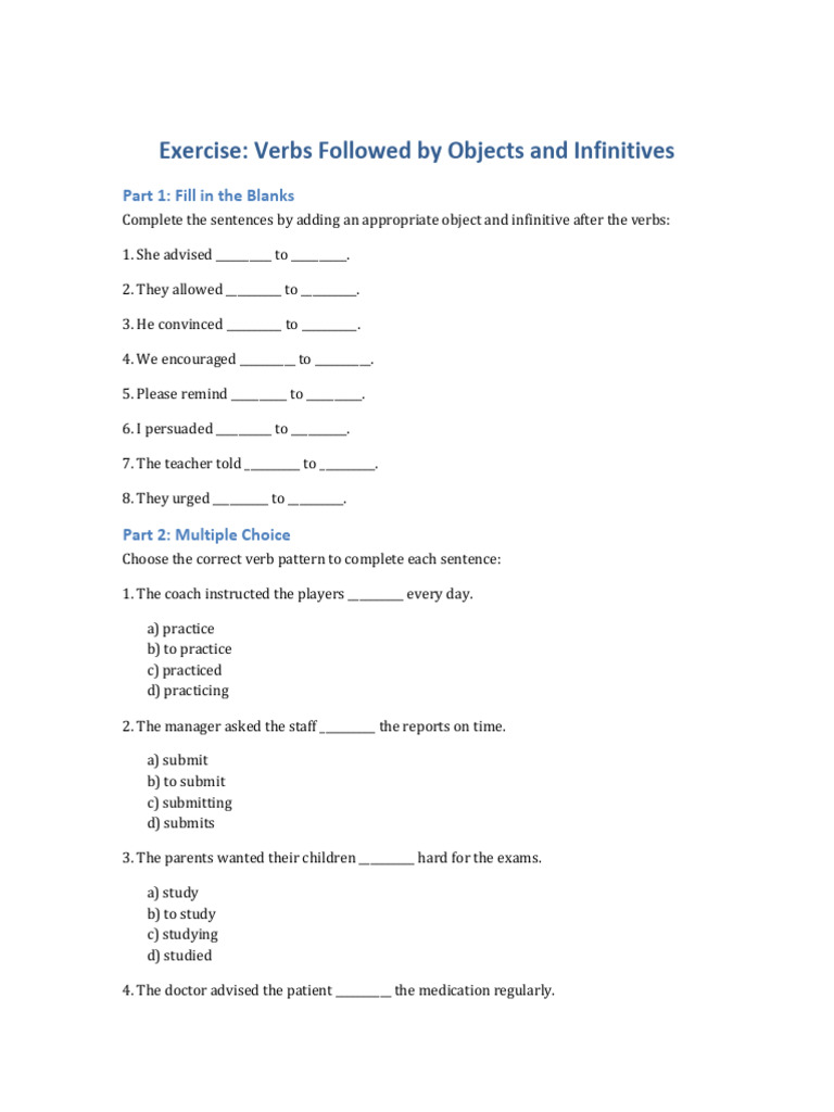Verbs Followed by Objects and Infinitives Exercise1 | PDF