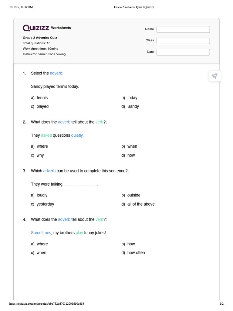 Grade 2 Adverbs Quiz Worksheet | PDF | Adverb | Verb