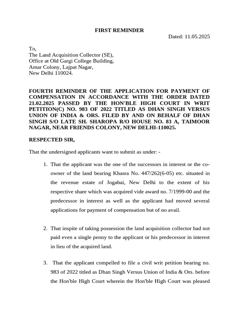 Fourth Reminder for Compensation Payment | PDF | Common Law
