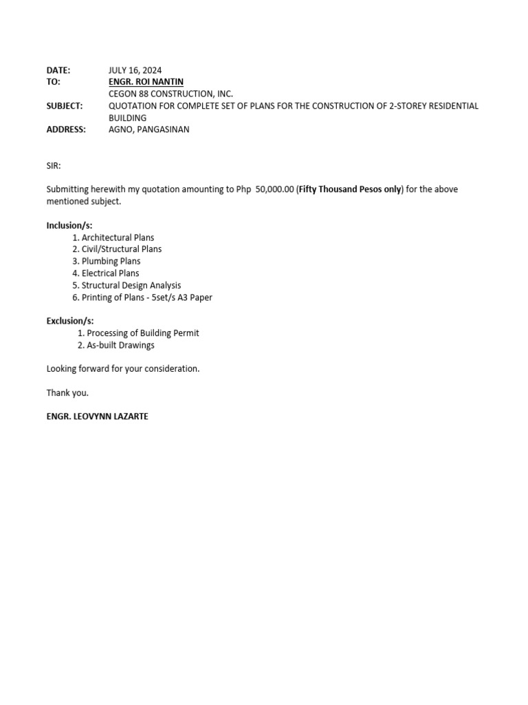 Quotation for 2-Storey Building Plans | PDF