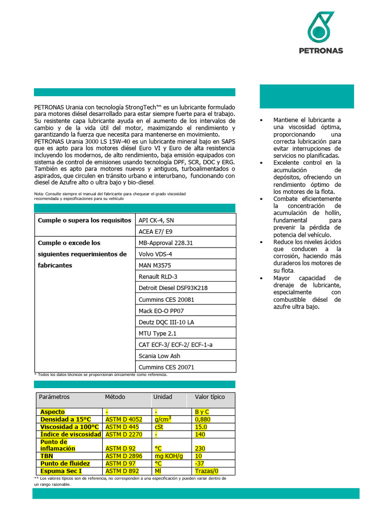 Petronas CK4 Ficha Tec | PDF | Lubricante | Motor diesel