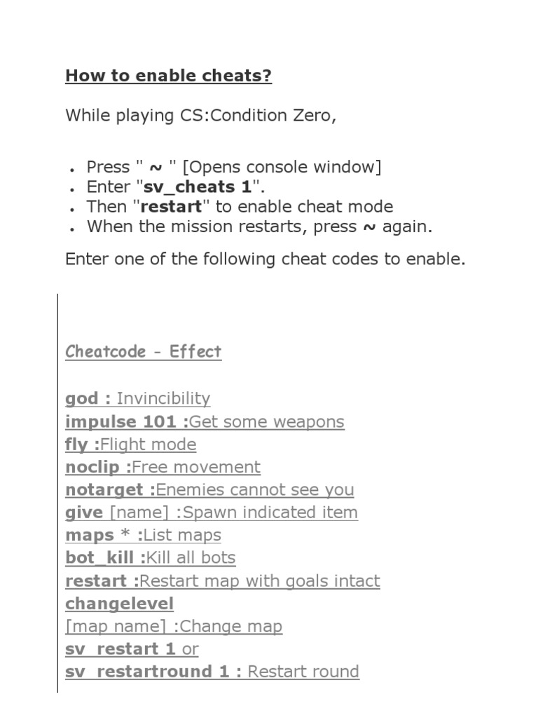 CS:Condition Zero Cheat Codes Guide | PDF